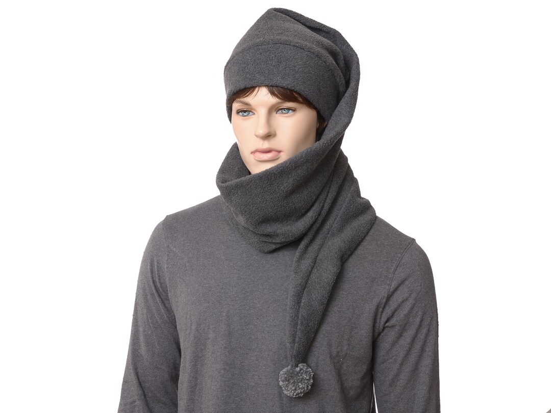 Extra Long Fleece Stocking Cap Scarf: Gray Winter Pompom Hat - Etsy