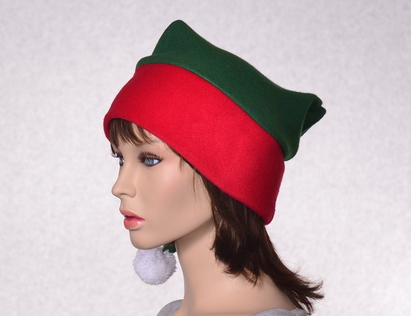 Green Red Stocking Cap Red Headband White Pompom Christmas Elf - Etsy