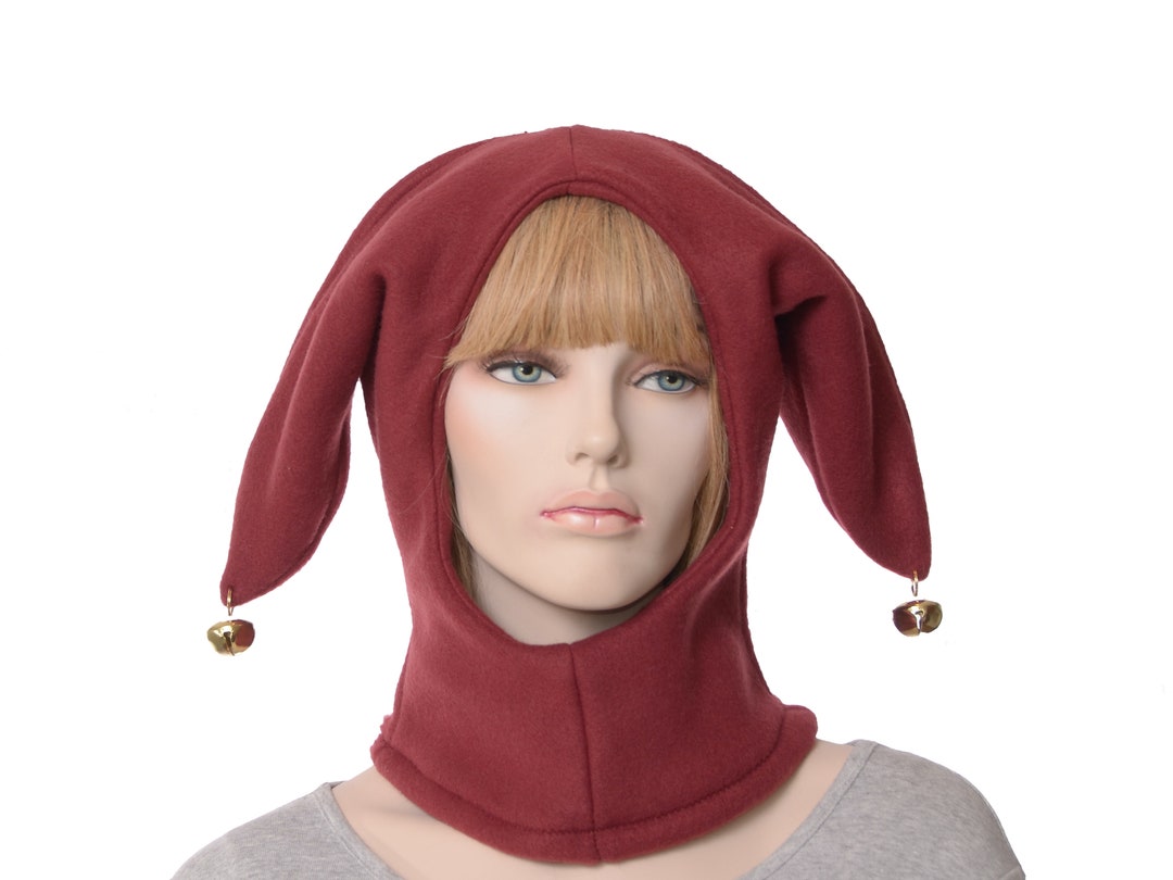 Burgundy Jester Hood Hat Fleece With Gold Bells Harlequin Cap Two ...