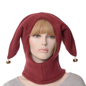Burgundy Jester Hood Hat Fleece With Gold Bells Harlequin Cap Two ...