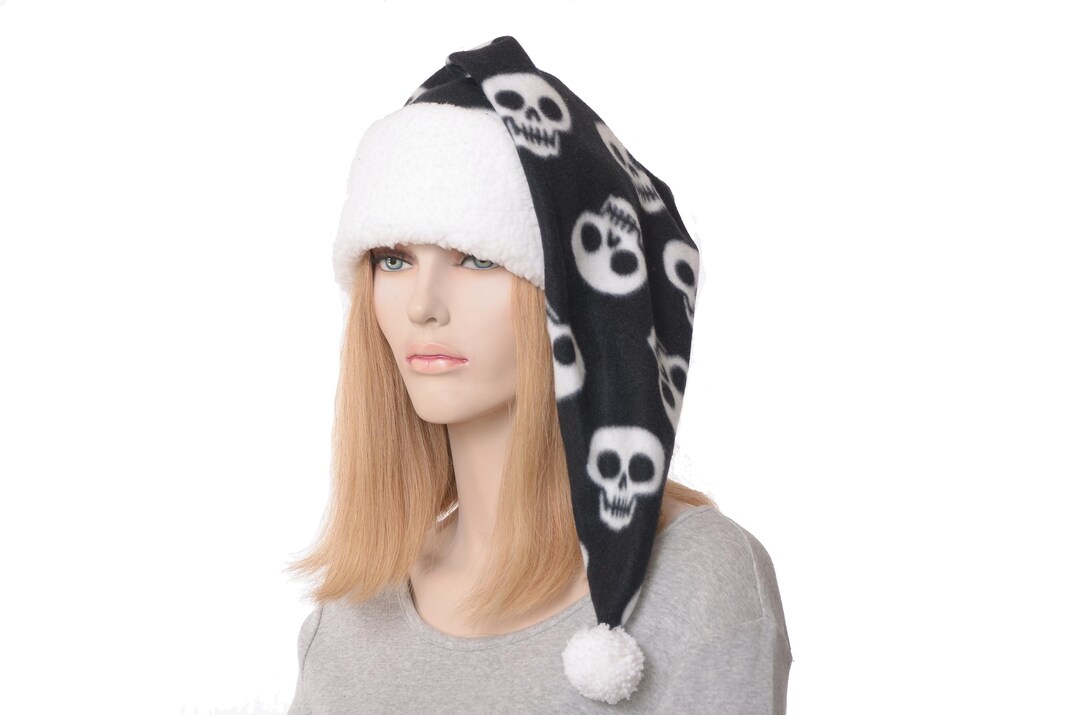 Goth Santa Hat Skulls on Black With White Sherpa Headband Adult Men ...