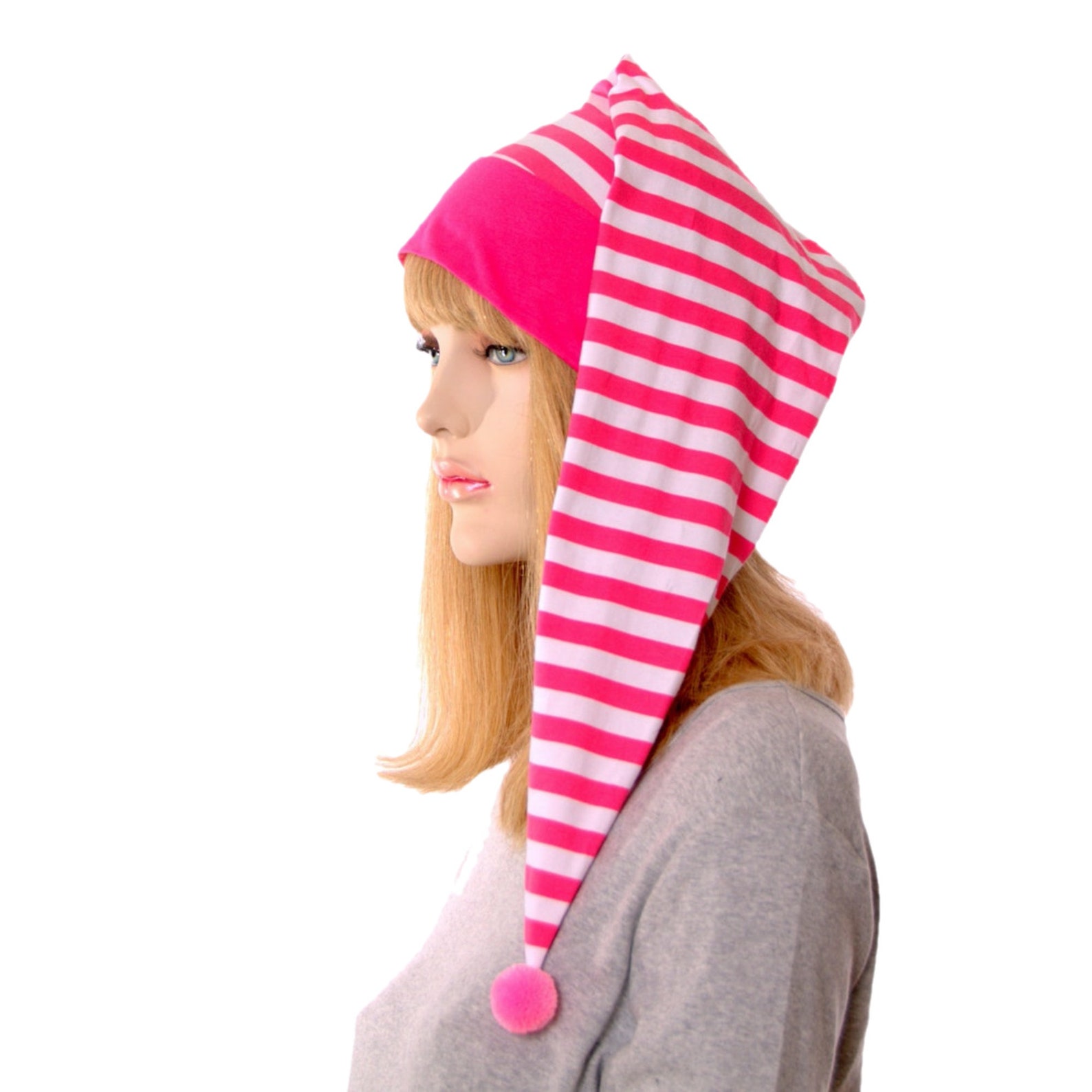 Nightcap Hot Pink White Striped Night Cap With Pompom Cotton - Etsy