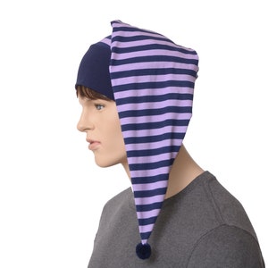 Night Cap Navy Blue Purple Striped Cotton Nightcap With Pompom Adult ...