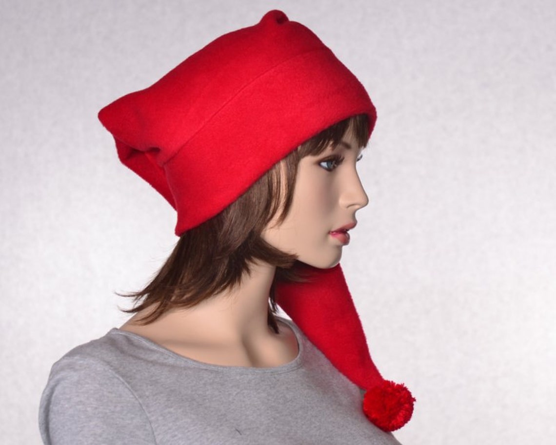 Red Stocking Cap Shoulder Length Fleece Hat Long Christmas Elf - Etsy