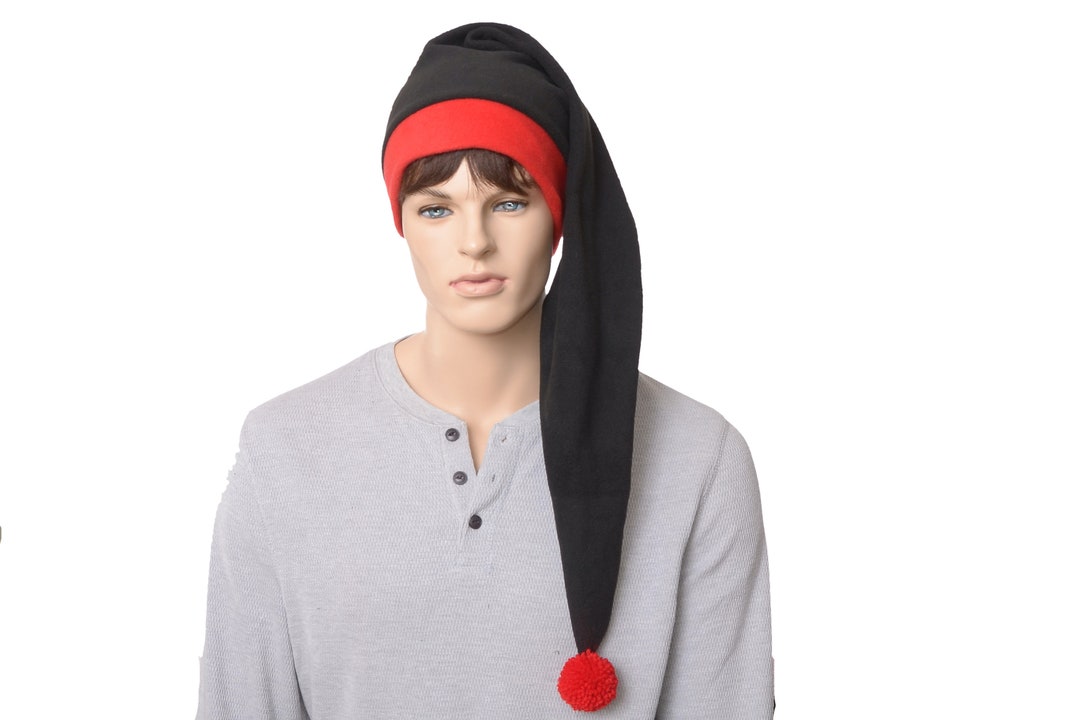 Extra Long Fleece Stocking Cap: Black Goth Hat With Red Pompom Waist ...