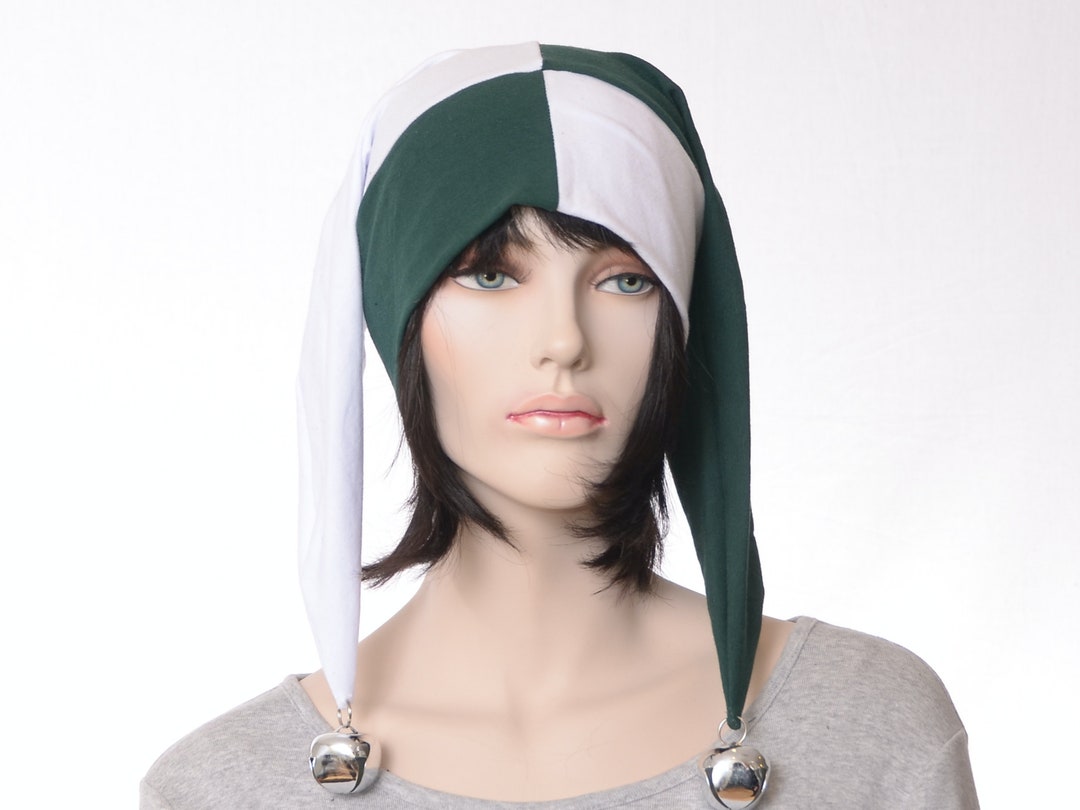 Jester Hat Green White Cotton Harlequin Cap Two Pointed With Oversized ...