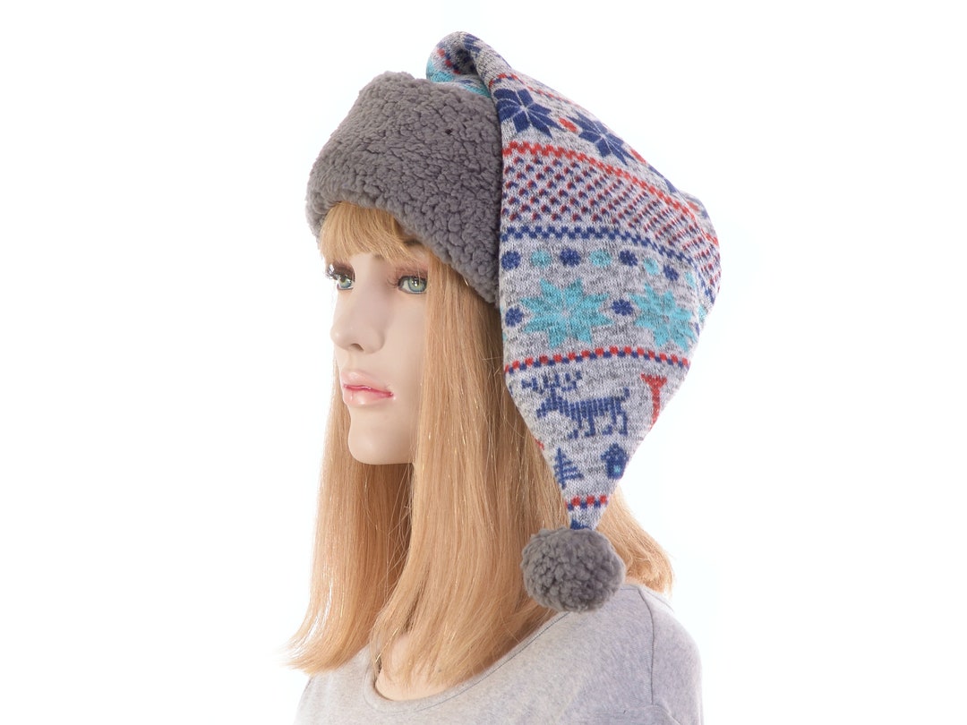 Gray Santa Hat Stocking Cap Fair Isle Sweater Fleece With Pompom Gray ...