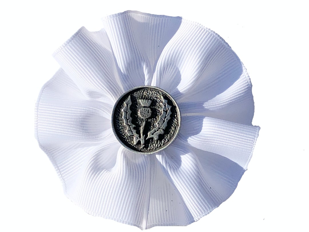 White Cockade Thistle Button Ribbon Hat Trim Scotch Brooch Jacobite ...