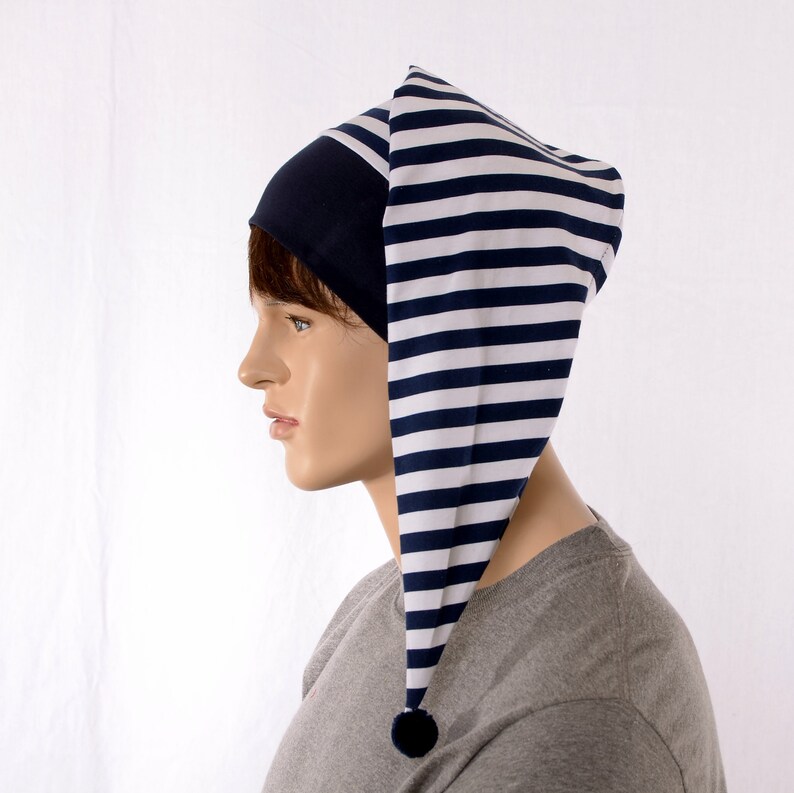 Night Cap Navy White Striped Nightcap With Pompom Cotton Adult - Etsy