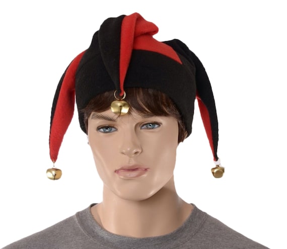 Jester Hat Red Black With Gold Bells Fleece Harlequin Cap - Etsy