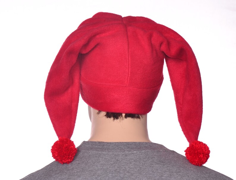 Red Harlequin Hat Two Pointed Jester Cap with Pompoms Fleece 2 - Etsy.de