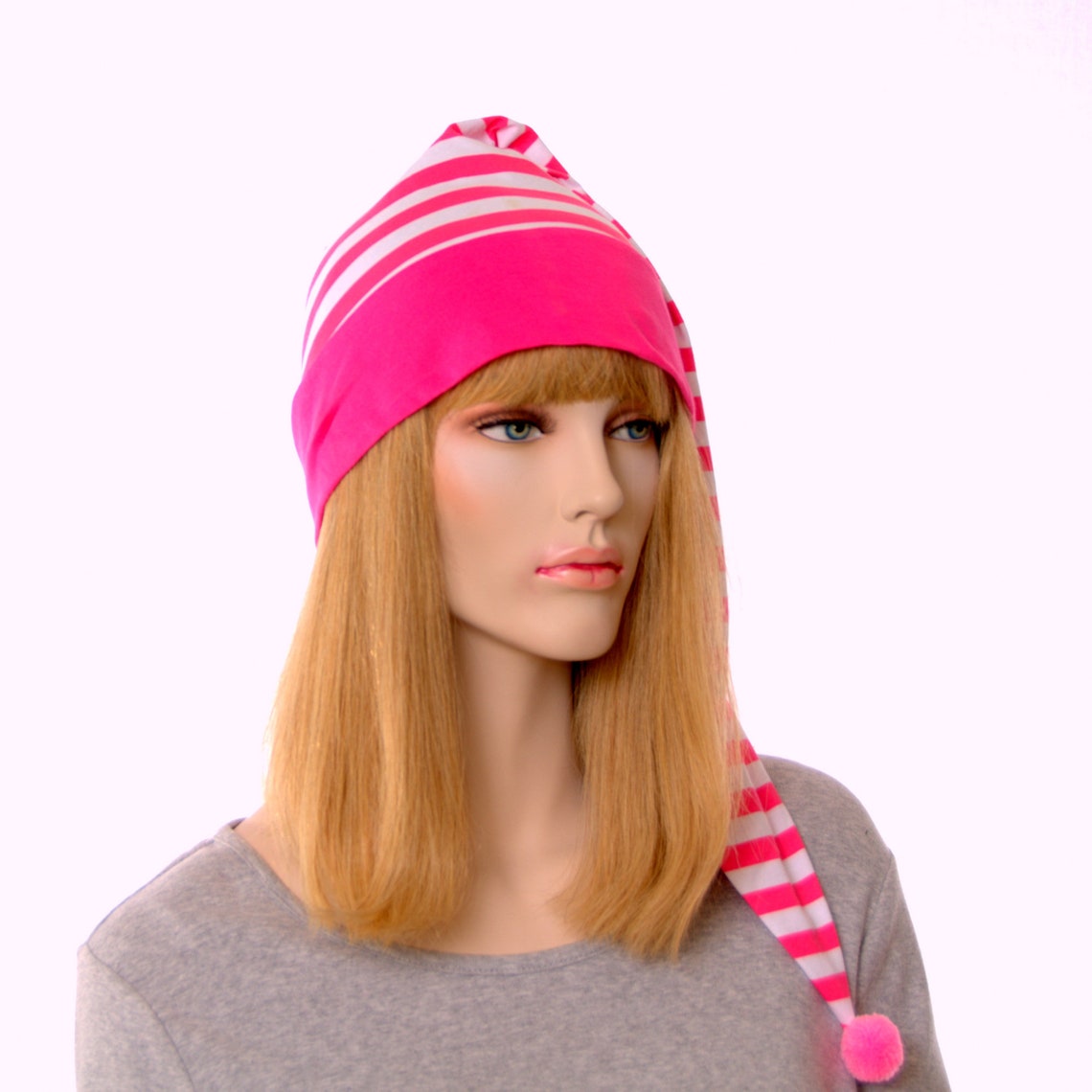 Nightcap Hot Pink White Striped Night Cap With Pompom Cotton - Etsy
