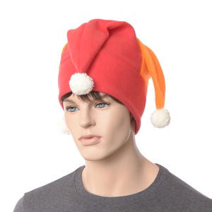 Fleece Jester Hat: Red Orange Joker Cap With White Pompoms Adult Men ...