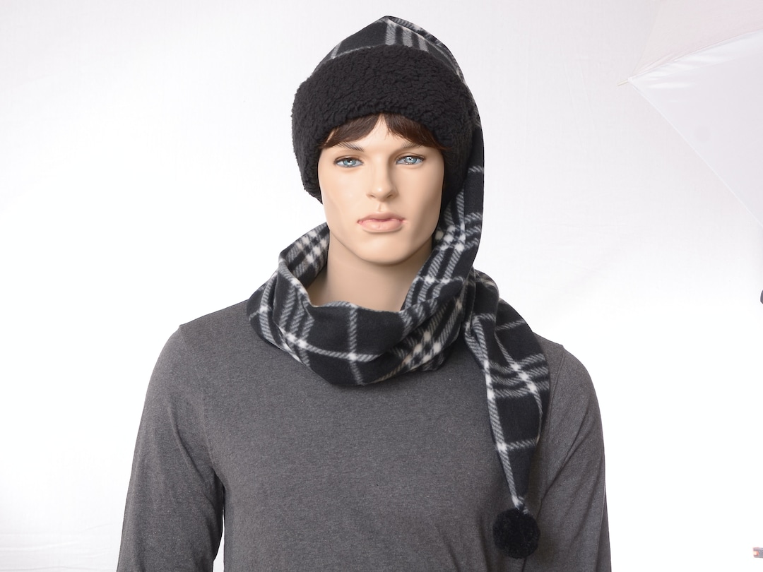 Long Stocking Cap Scarf Hat Plaid Black White Wrap Around Coil Pompom ...