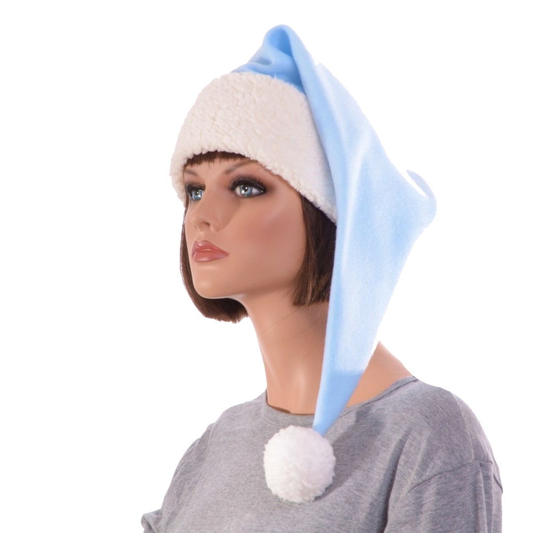 Santa Hat Light Blue Fleece Stocking Cap: Sherpa Trim, Pompom Elf Hat ...