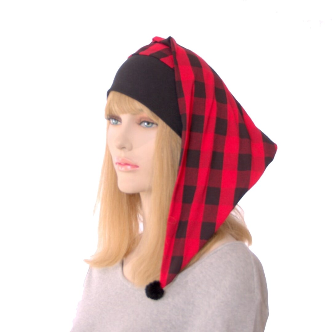 Buffalo Plaid Cotton Nightcap: Red Black Pointed Sleep Hat With Pompom ...