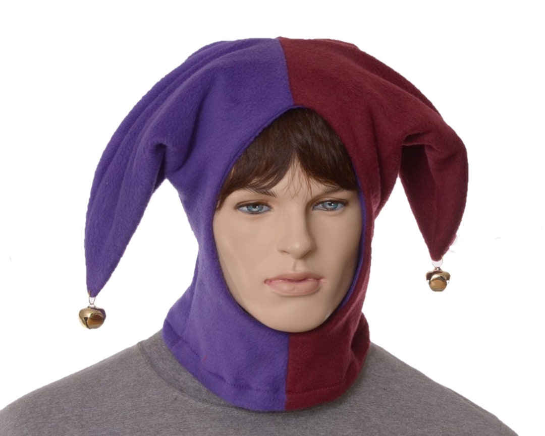 Jester Hood Burgundy and Purple Hat Made of Fleece With Bells Harlequin ...