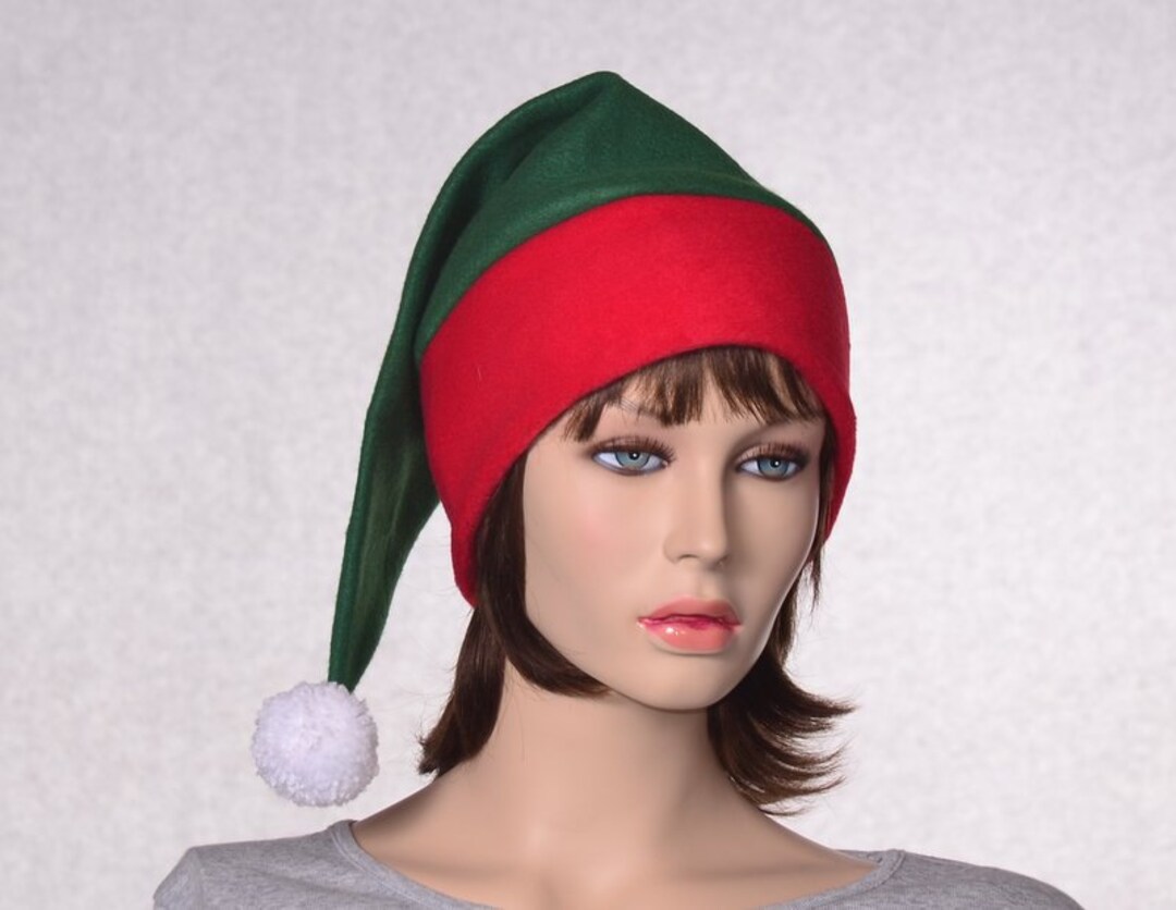 Green Red Stocking Cap Red Headband White Pompom Christmas Elf Hat ...