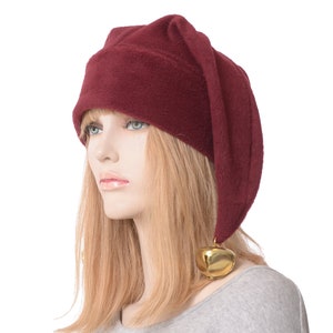 Burgundy Jester Hat Fleece Harlequin Cap Two Point Gold Oversized Bells ...