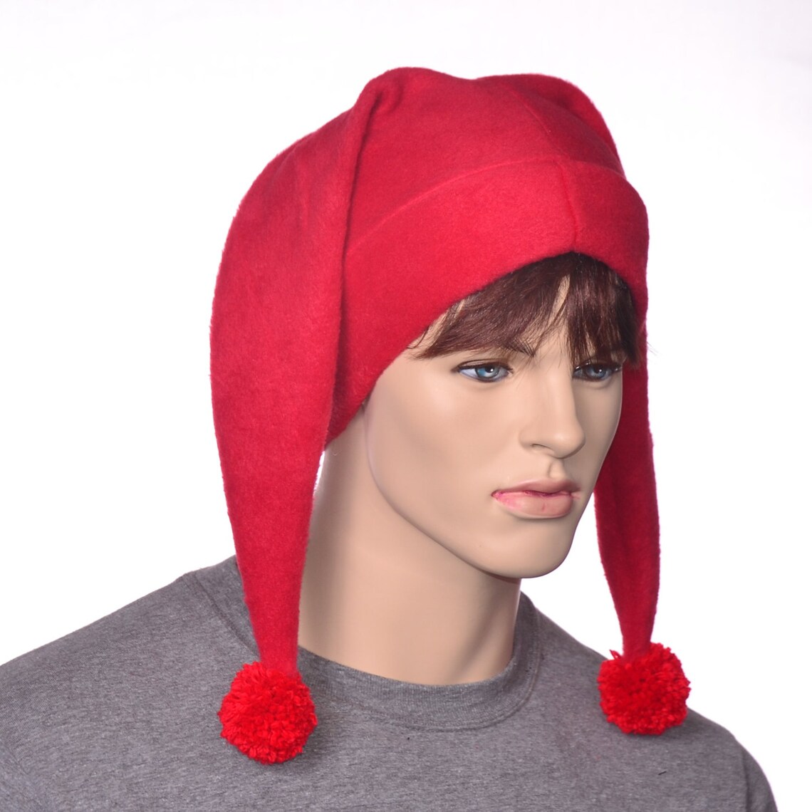 Red Harlequin Hat Two Pointed Jester Cap With Pompoms Fleece 2 - Etsy