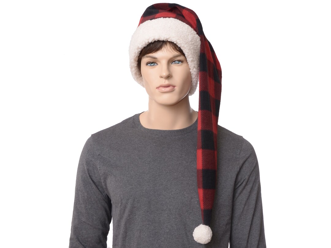 Long Stocking Cap Black Red Buffalo Plaid XXL Pompom Long Tail Hat ...