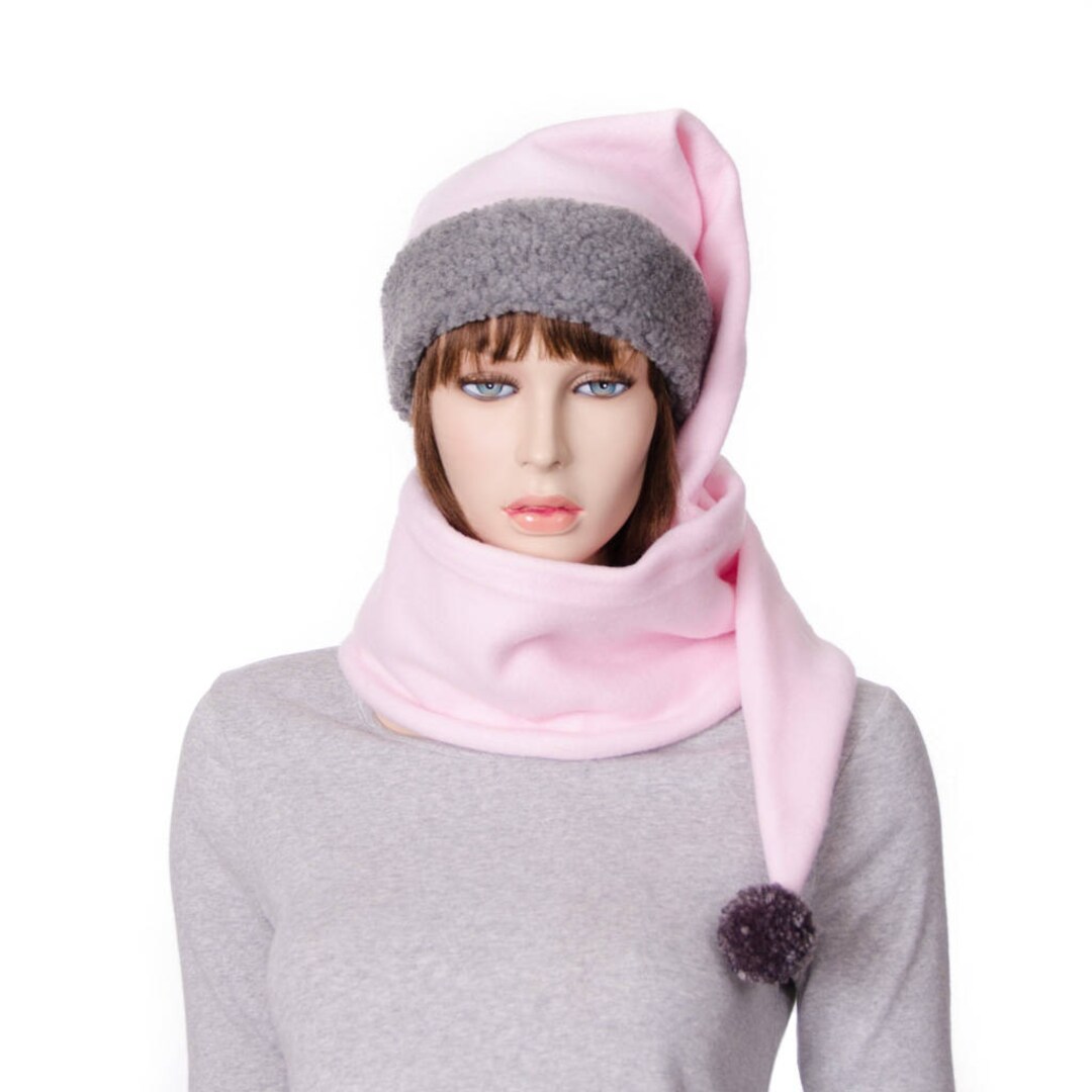 Long Stocking Cap Wrap Around Scarf Hat Pink Gray Sherpa Headband ...