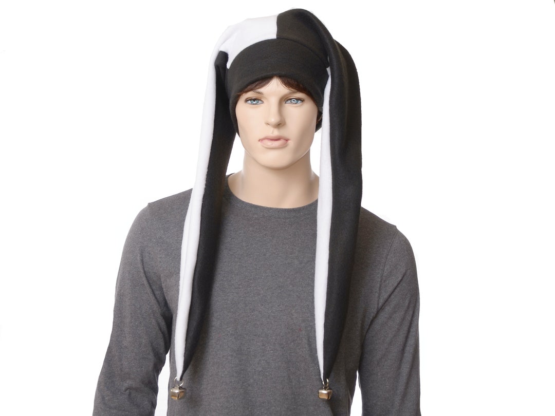 Jester Hat Long Black White Fleece Three Pointed Silver Bells ...
