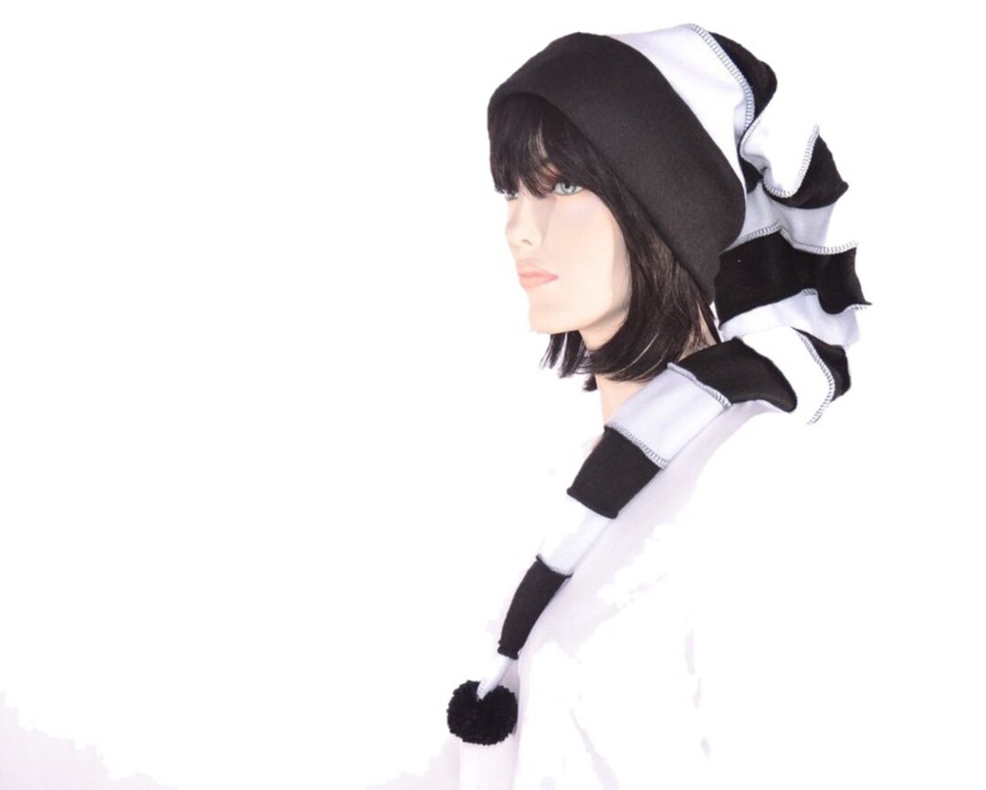 Striped Fleece Stocking Cap: Goth Black and White Elf Hat, Waist Length ...