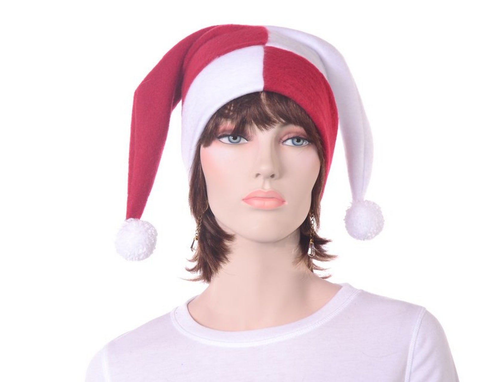Jester Hat Red White Harlequin Cap Costume Two Pointed With - Etsy