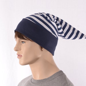 Striped Night Cap Navy Blue White Pointed Pompom Unisex Adult Men Women ...