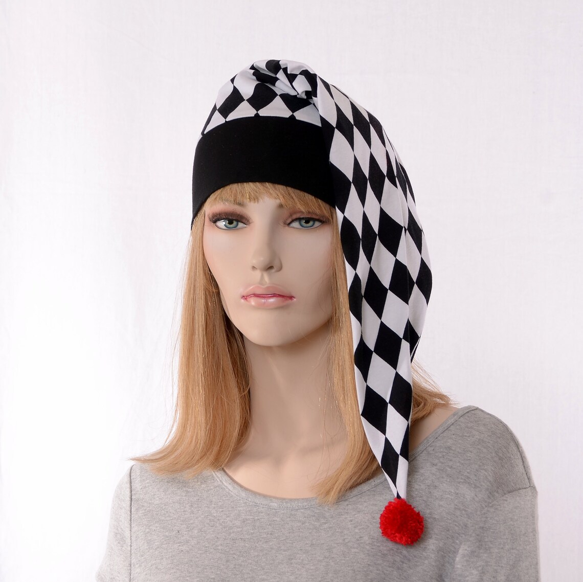 Harlequin Hat Night Cap With Red Pompom Cotton Adult Men Women - Etsy