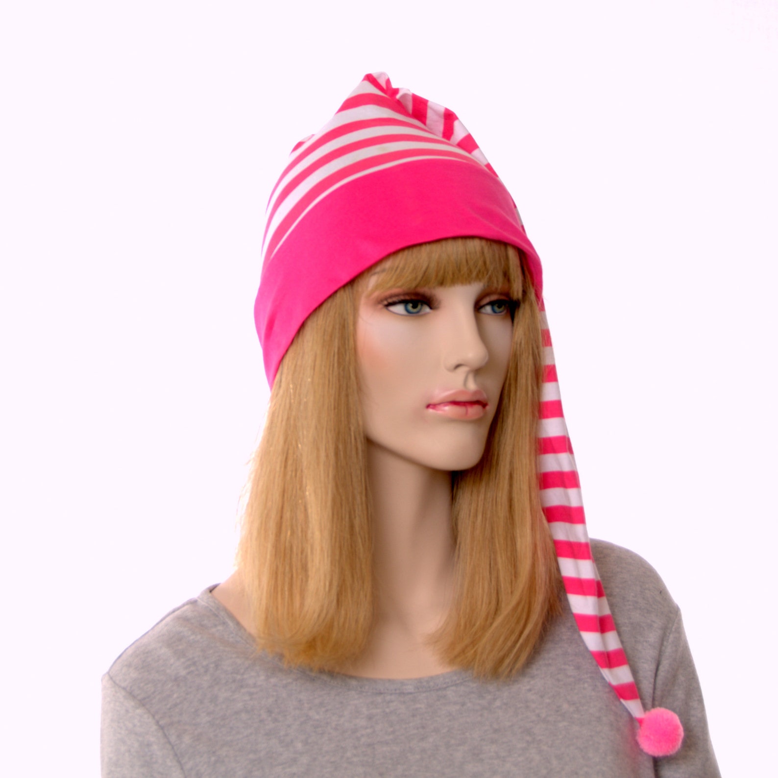 Nightcap Hot Pink White Striped Night Cap With Pompom Cotton - Etsy