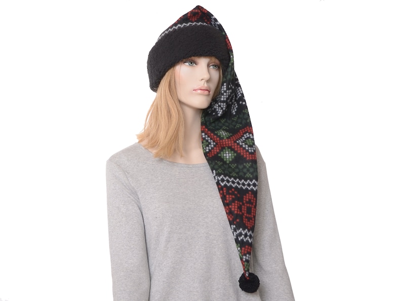 Fair Isle Fleece Stocking Cap: Black Sherpa Trim, Winter Pom Pom Hat - Etsy