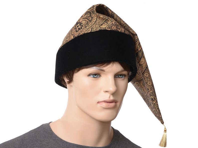 Wizard Hat Velvet Brocade Black Gold Pointed Hat Adult Men - Etsy