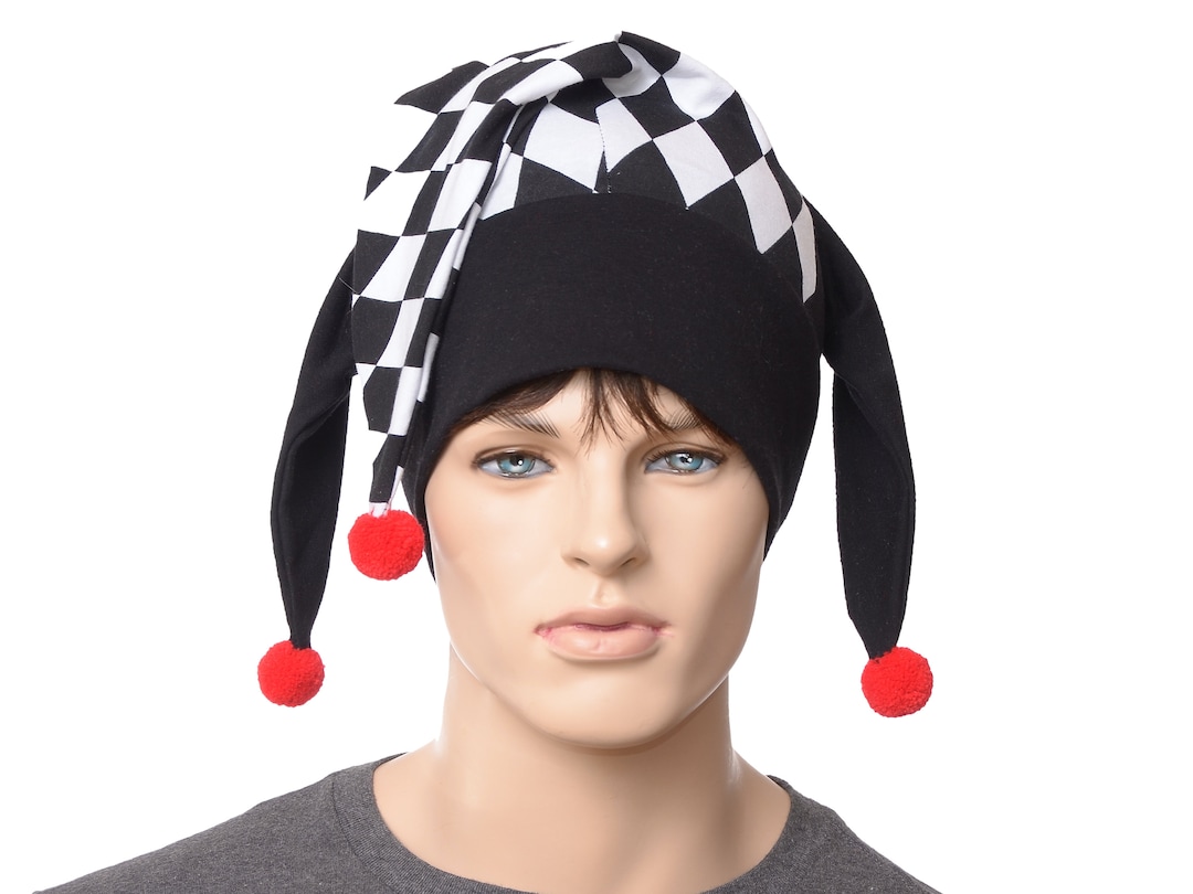 Jester Hat Black White Harlequin Diamonds Red Pompoms Cotton Harlequin ...
