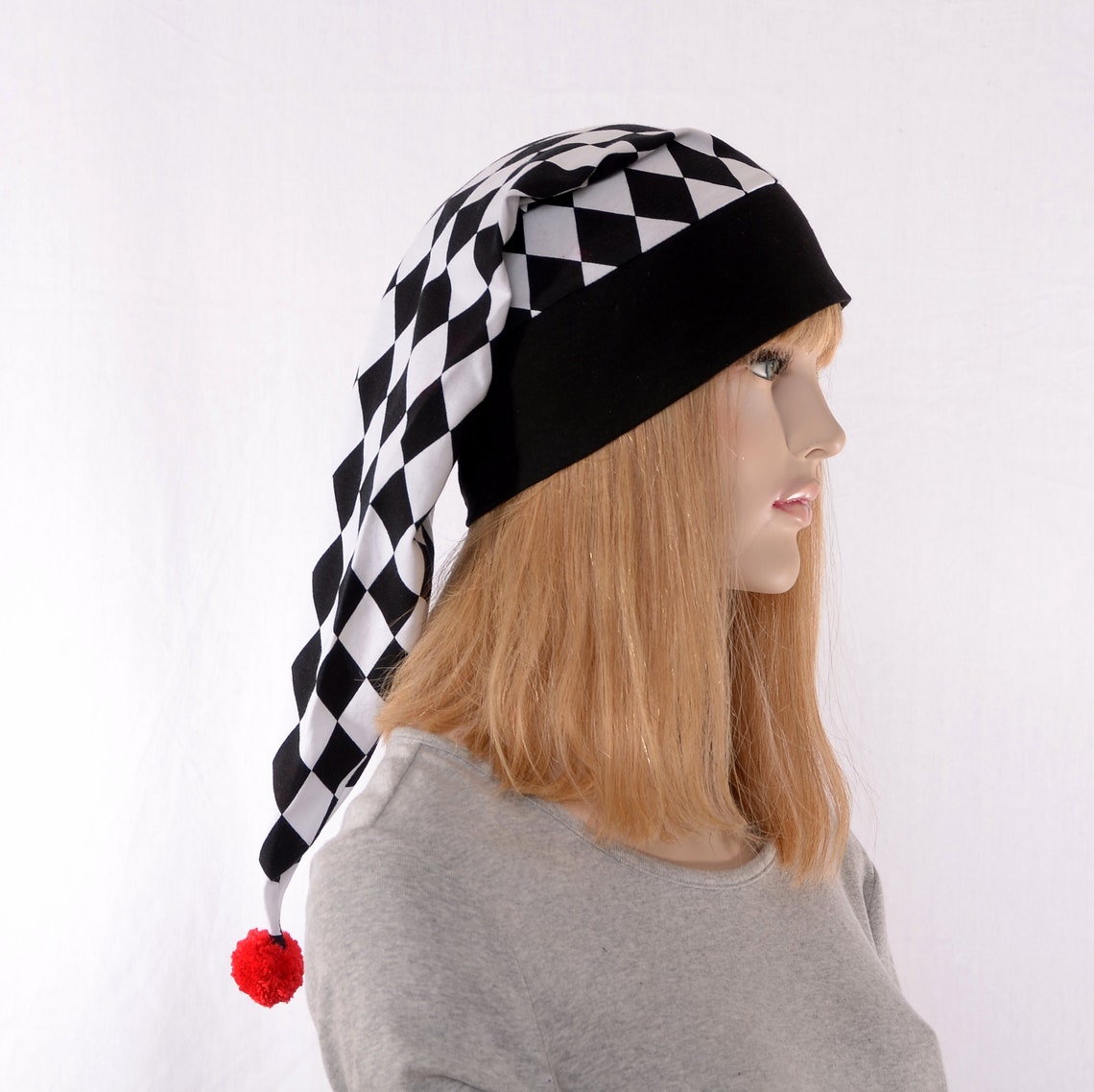 Harlequin Hat Night Cap With Red Pompom Cotton Adult Men Women - Etsy