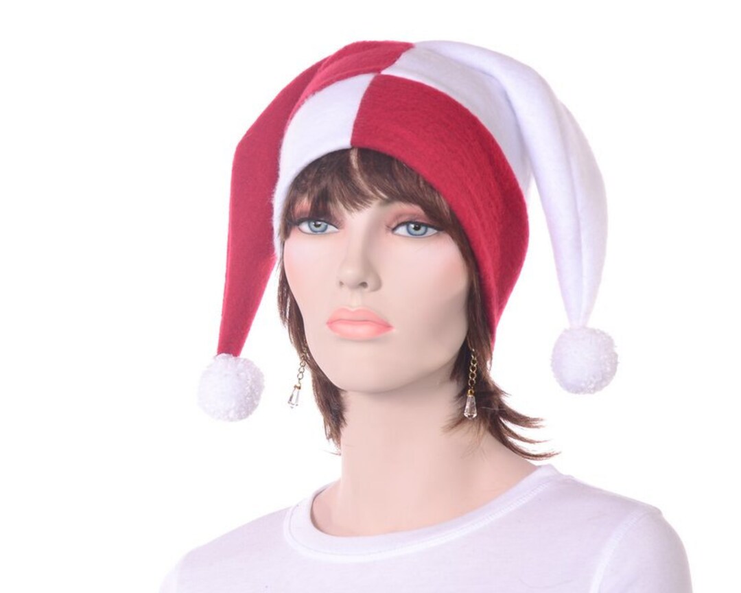 Jester Hat Red White Harlequin Cap Costume Two 2 Pointed Pompoms Adult ...