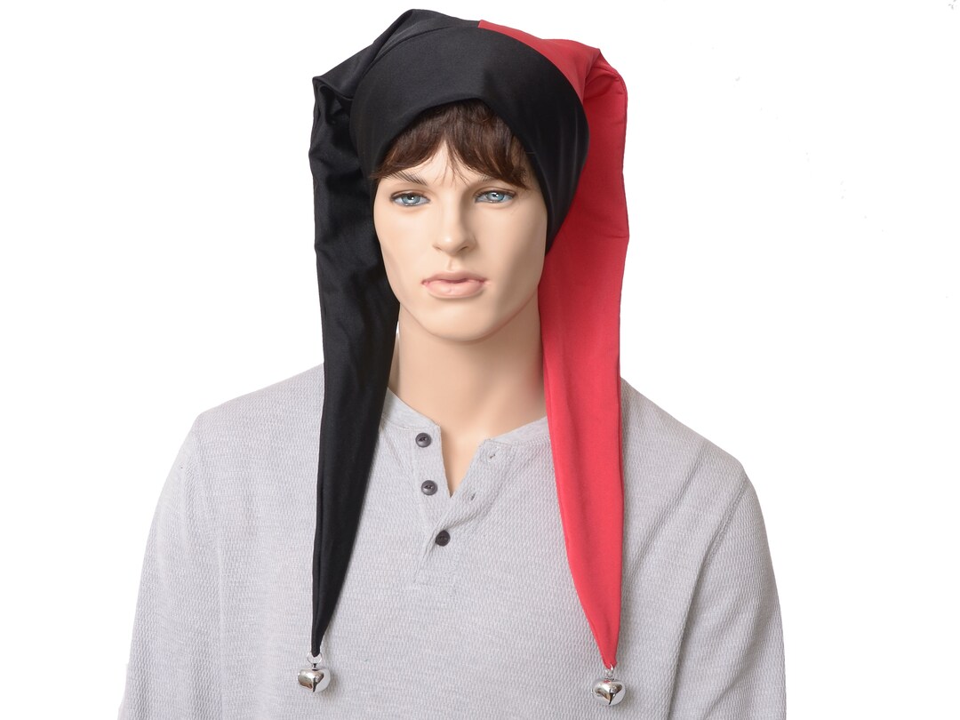 Jester Hat Red Black Stretch Satin Back Facing Two Pointed With Jingle ...