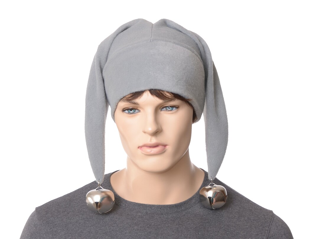 Gray Jester Hat Fleece Harlequin Cap Two Pointed Oversized Silver Bells ...