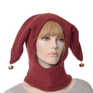 Burgundy Jester Hood Hat Fleece With Gold Bells Harlequin Cap Two ...