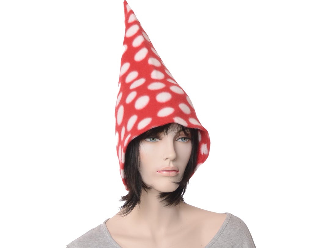 Gnome Hat Mushroom Spots of Red White Polka Dot Tall Pointed Adult Mens ...
