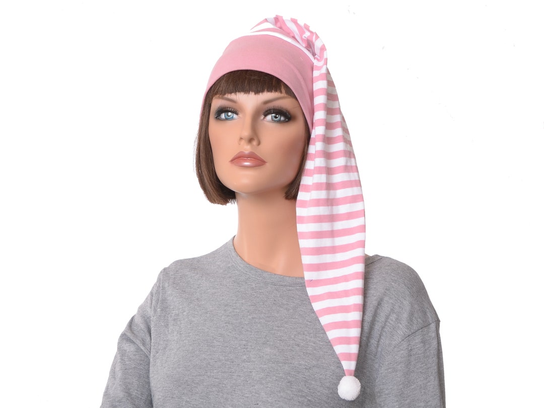 Night Cap Pink White Striped Kawaii Nightcap With Pompom Dusty Rose ...