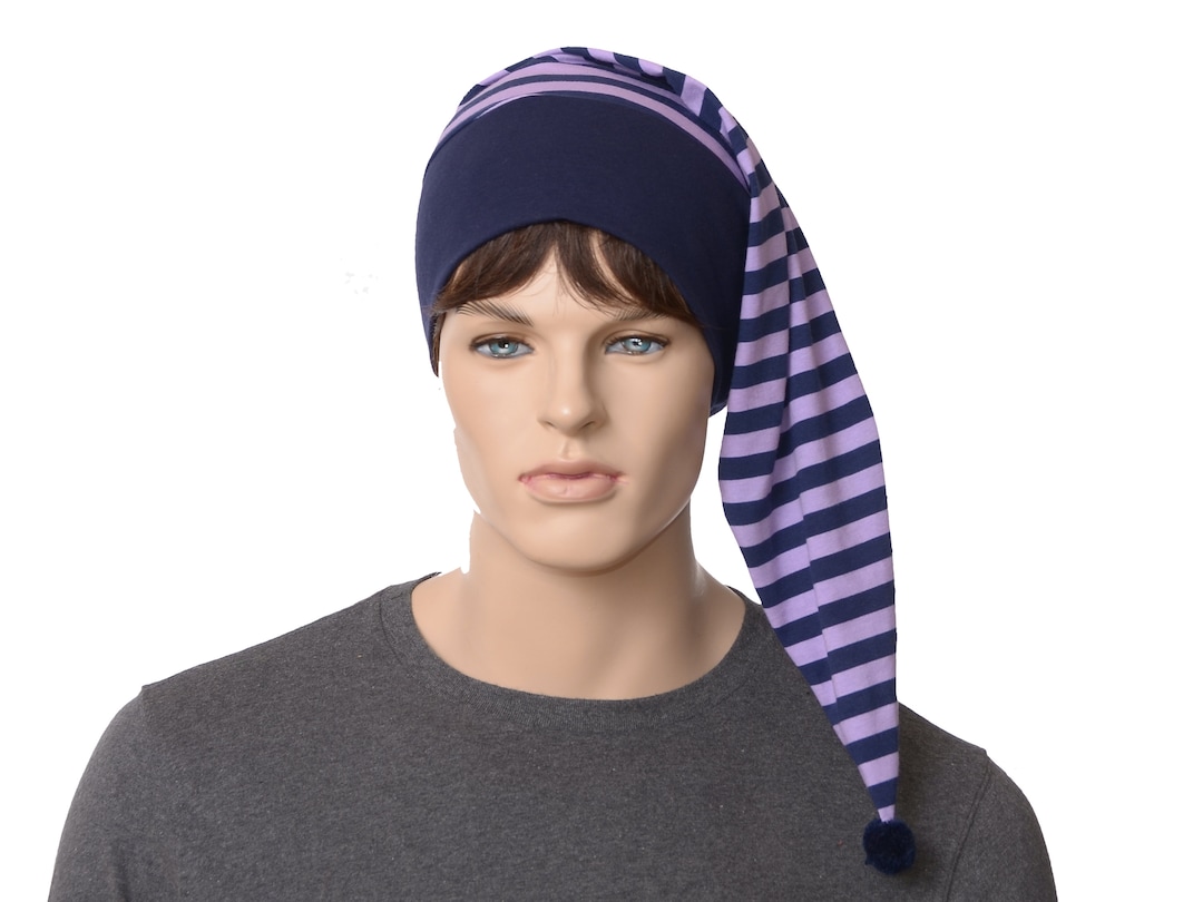 Night Cap Navy Blue Purple Striped Cotton Nightcap With Pompom Adult ...
