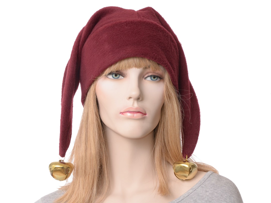 Burgundy Jester Hat Fleece Harlequin Cap Two Point Gold Oversized Bells ...