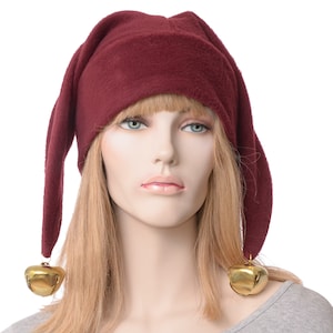 Burgundy Jester Hat Fleece Harlequin Cap Two Point Gold Oversized Bells ...