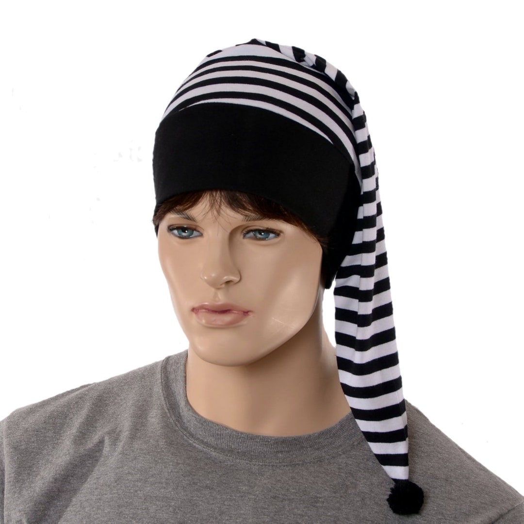 Sleep Hat Black White Goth Cotton Striped Nightcap With Pompom Adult ...