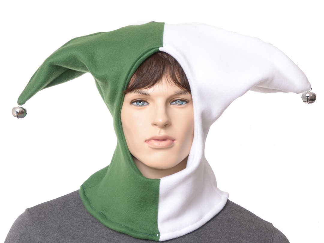 Jester Hood Green White Jester Hood Hat Fleece Bells Harlequin Cap ...