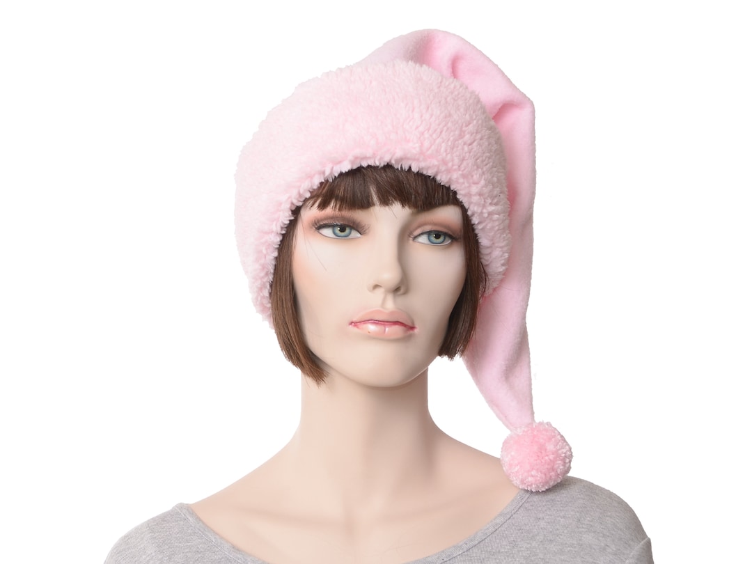 Pink Fleece Stocking Cap: Sherpa Band, White Pom Pom - Handmade - Etsy