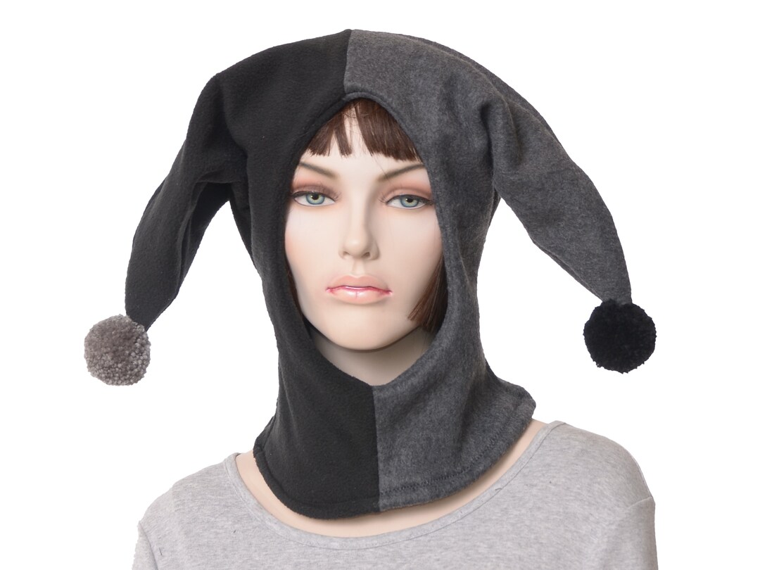 Jester Hood Gray Black Costume Hat Fleece With Pompoms Harlequin ...