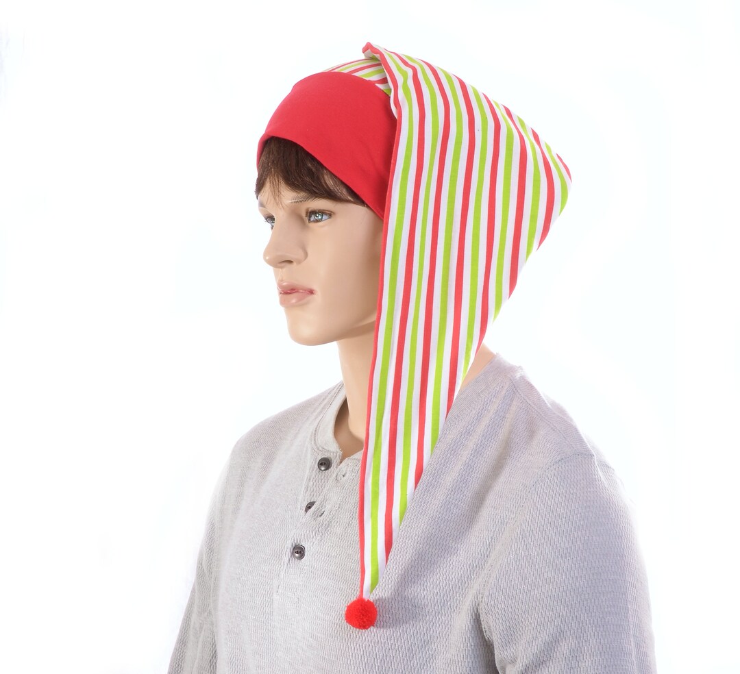 Night Cap Red Green White Stripe Nightcap With Pompom Cotton Adult Men ...